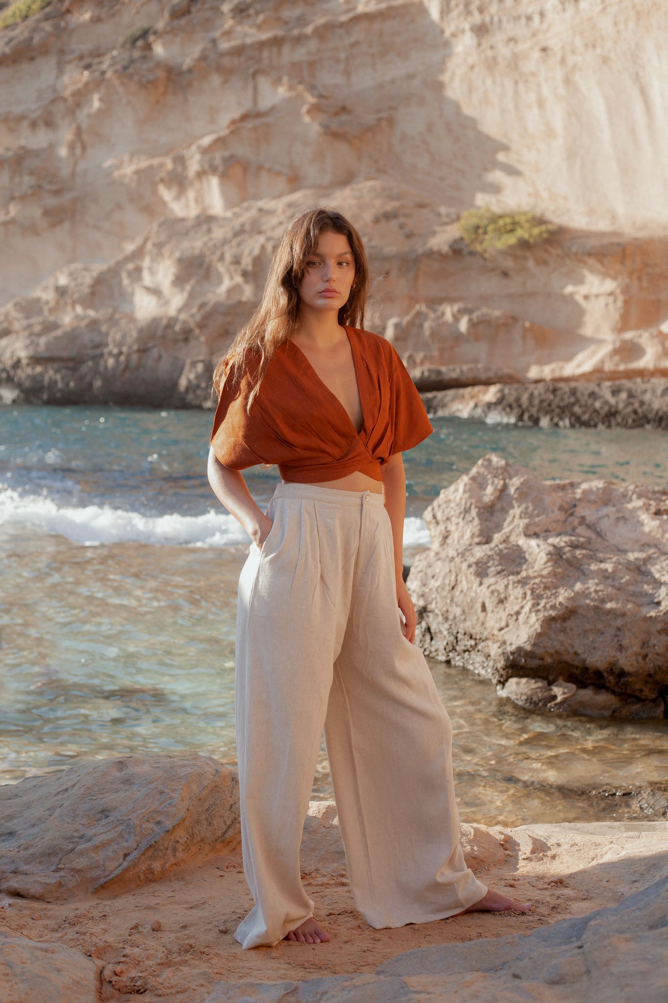 Alice Crop Top Cinnamon | Orange Raw Silk Tie Back Crop Top | FARA Boutique - FARABOUTIQUE