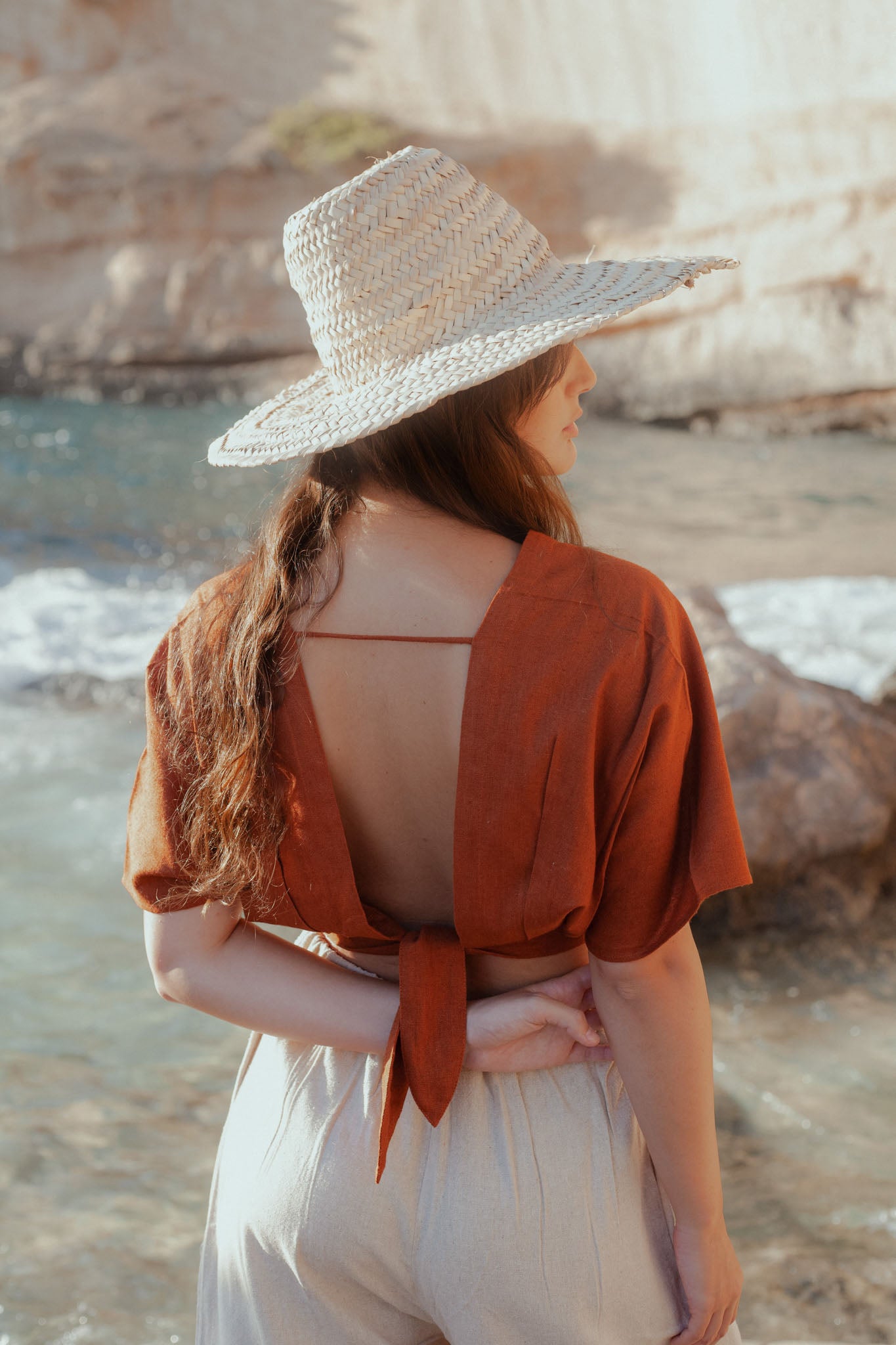 Alice Crop Top Cinnamon | Orange Raw Silk Tie Back Crop Top | FARA Boutique - FARABOUTIQUE