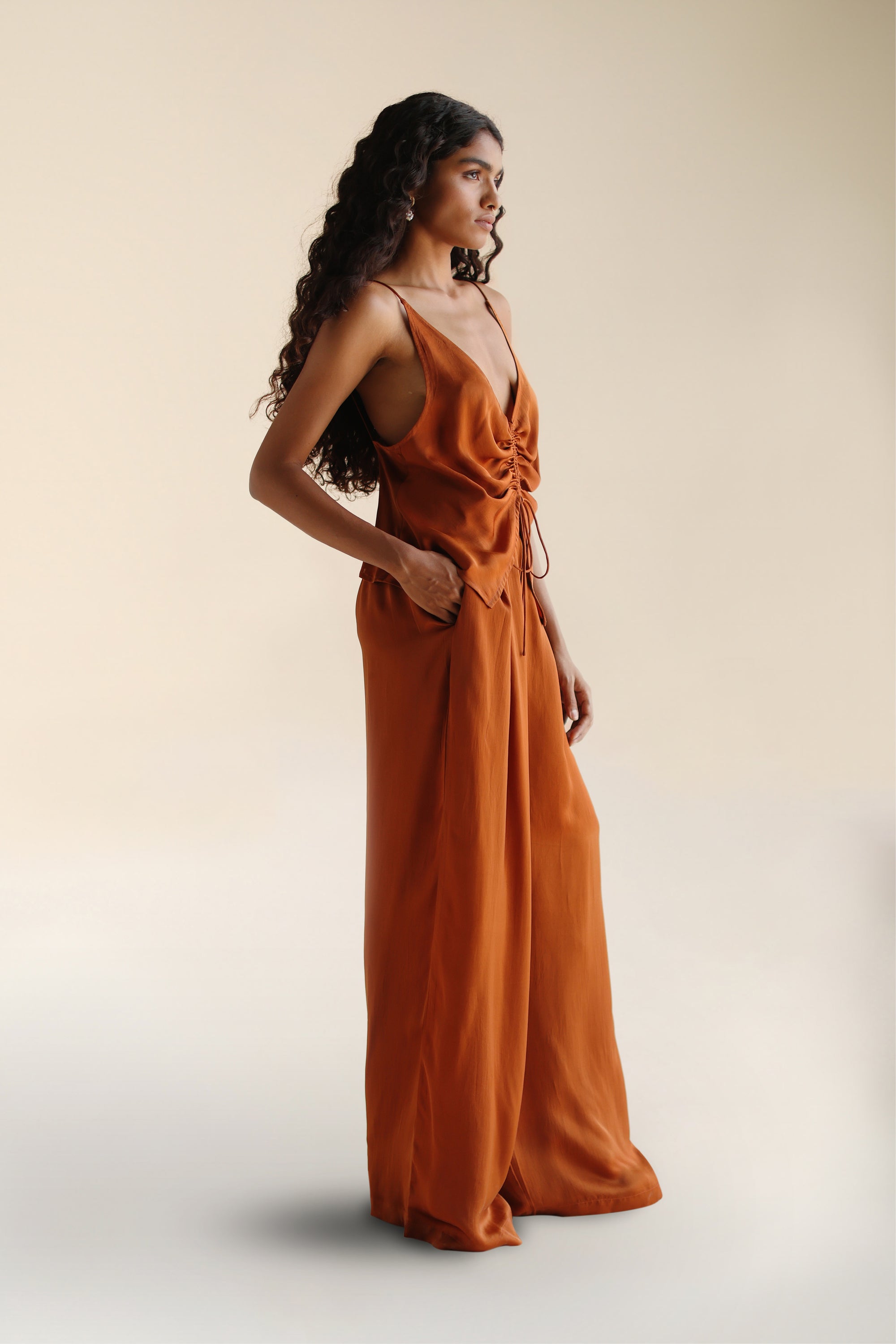 Nova Trouser Cinnamon | Burnt Orange Tailored Satin High Waist Wide Leg Trousers | FARA Boutique ...
