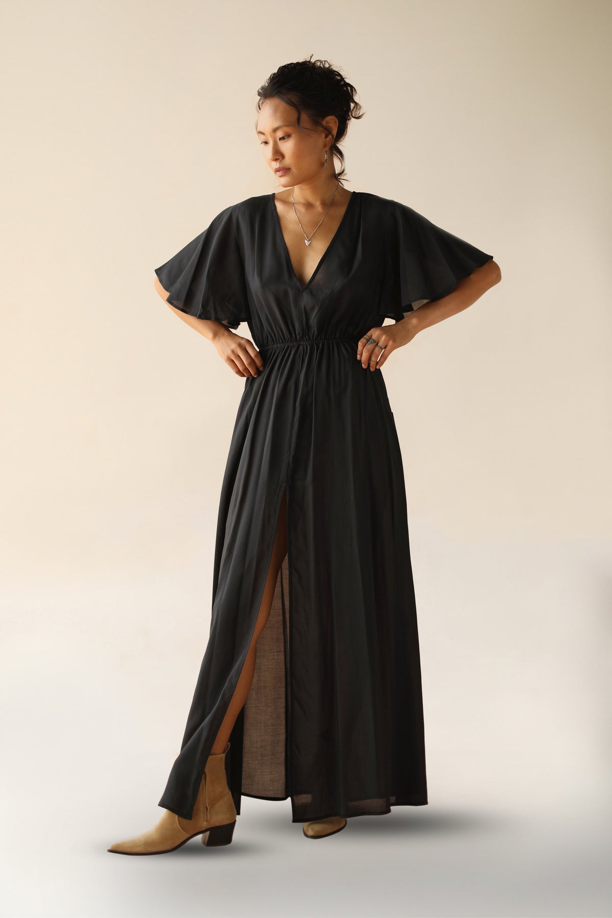 Orissa Dress Hemp Black | Black Bell Sleeve Hemp Maxi Dress | FARA ...