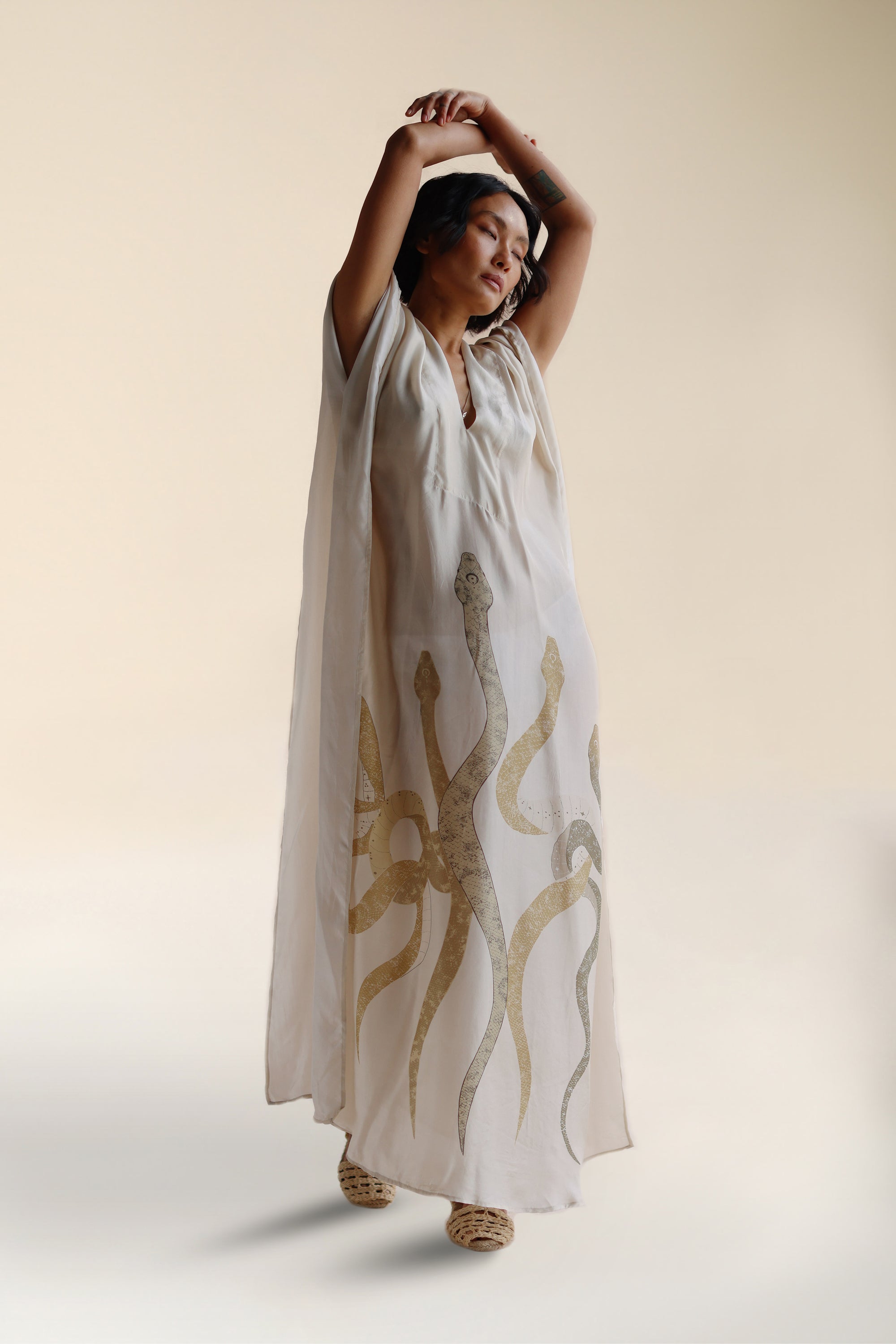 Rise Kaftan Silk Cream | Hand Drawn and Printed Mystical Serpent Print ...