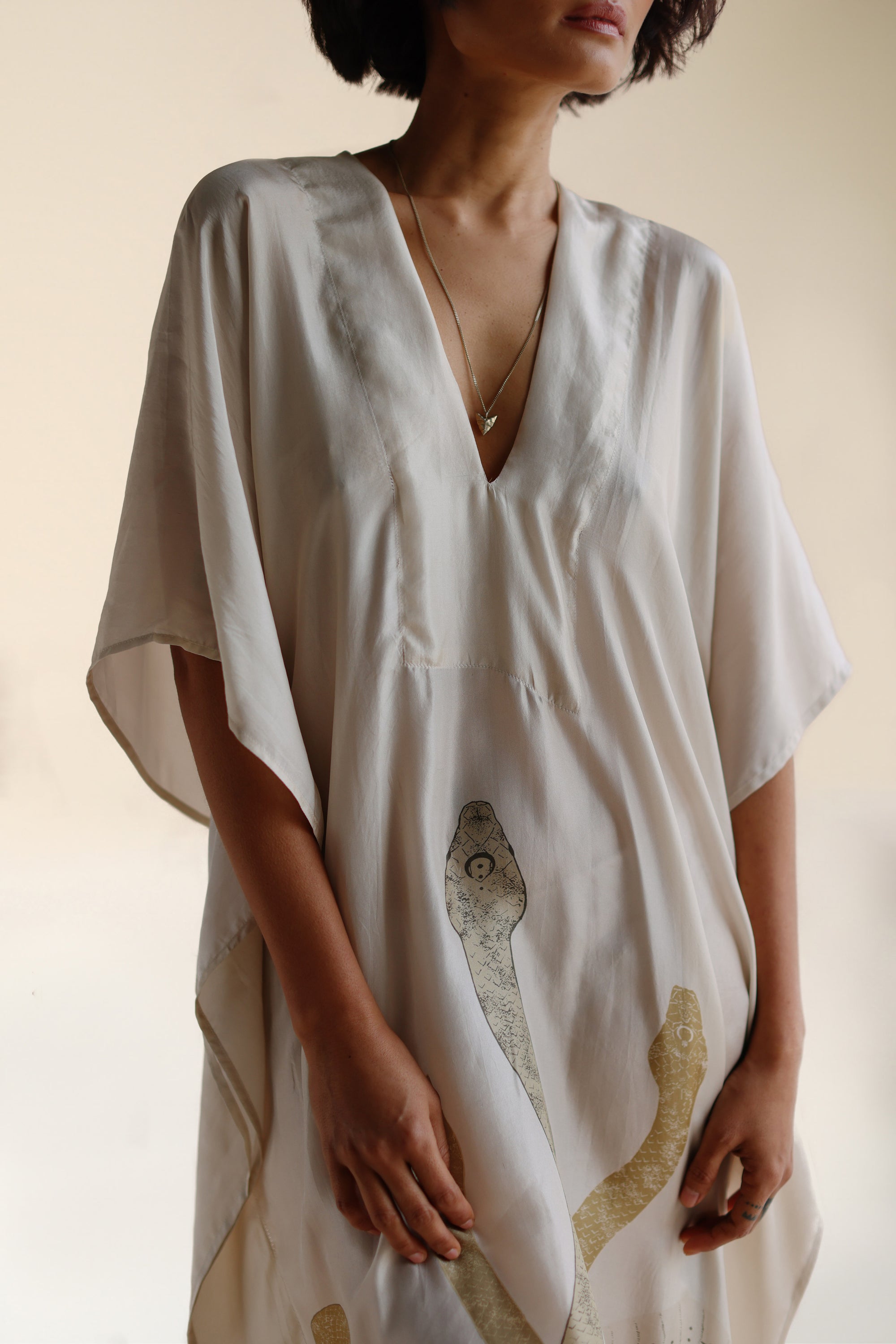 Rise Kaftan Silk Cream | Hand Drawn and Printed Mystical Serpent Print ...