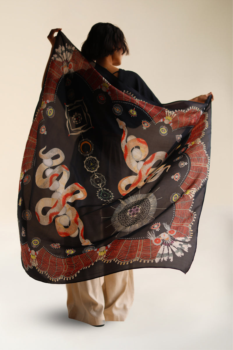 Silk Scarf Serpent | Large Black Hand Illustrated and Printed Serpent ...