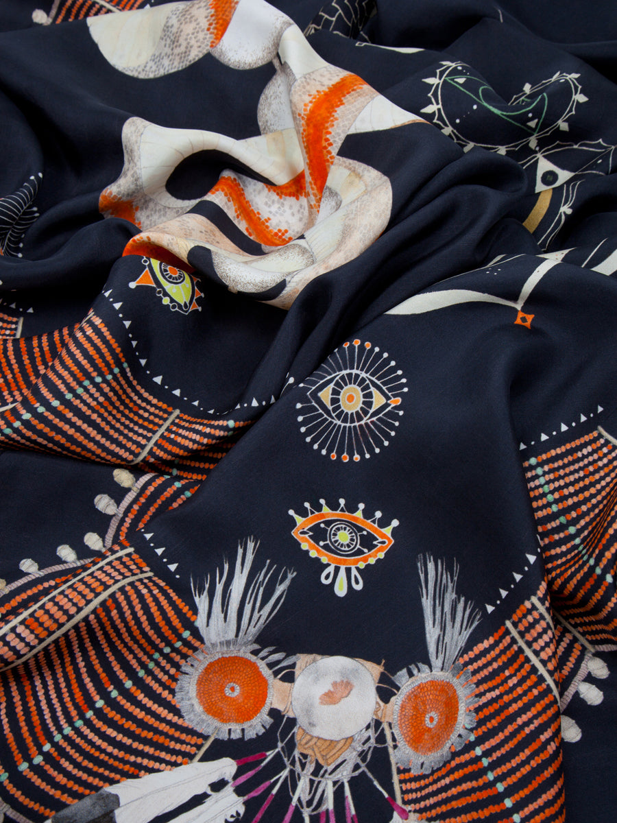 Silk Scarf Serpent | Large Black Hand Illustrated and Printed Serpent ...
