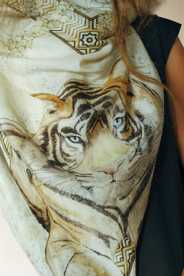Silk Scarf Tiger | Large Cream Hand Illustrated and Printed Tiger Silk ...