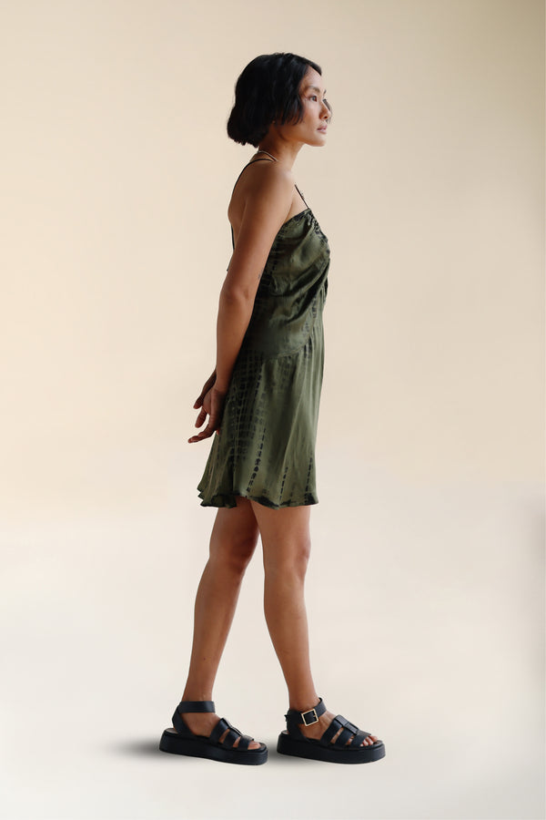 Zoe Mini Olive Tie Dye | Satin Tie Dye Mini Dress in Olive Green With ...