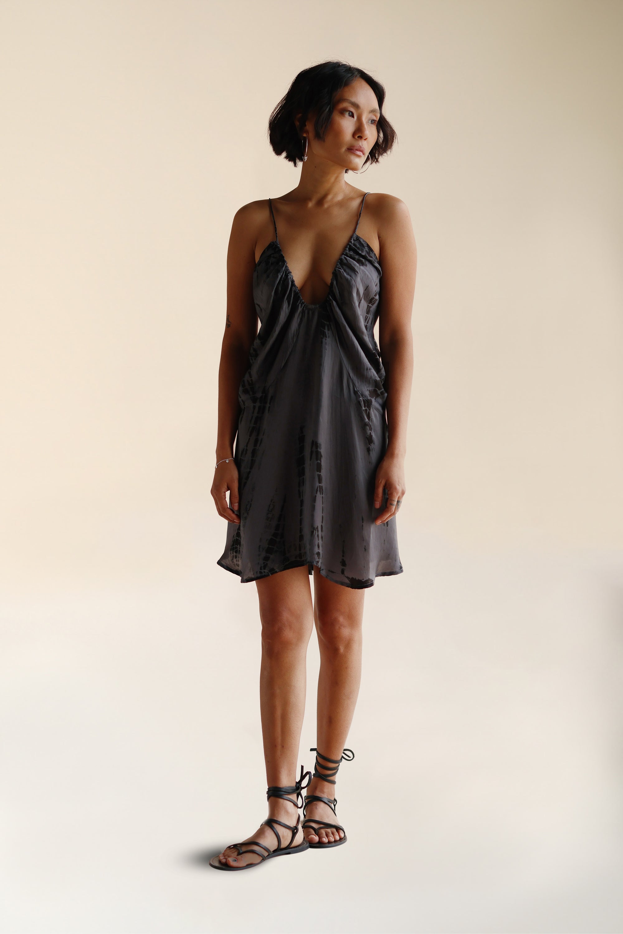 Zoe Mini Shadow Tie Dye | Grey Tie Dye Satin Mini Dress with Plunging ...